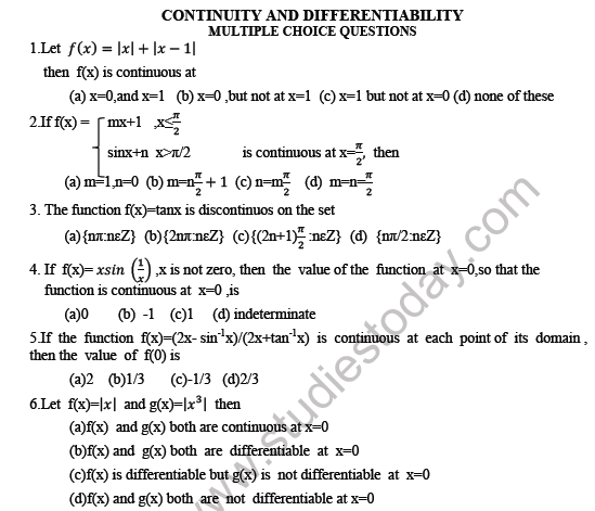 CBSE Class 12 Mathematics Continuity and Differentiability MCQs Set A with Answers